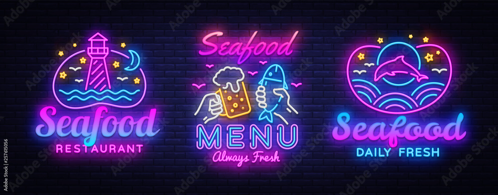 Seafood Neon signs set Vector. Seafood Menu neon sign, design template ...