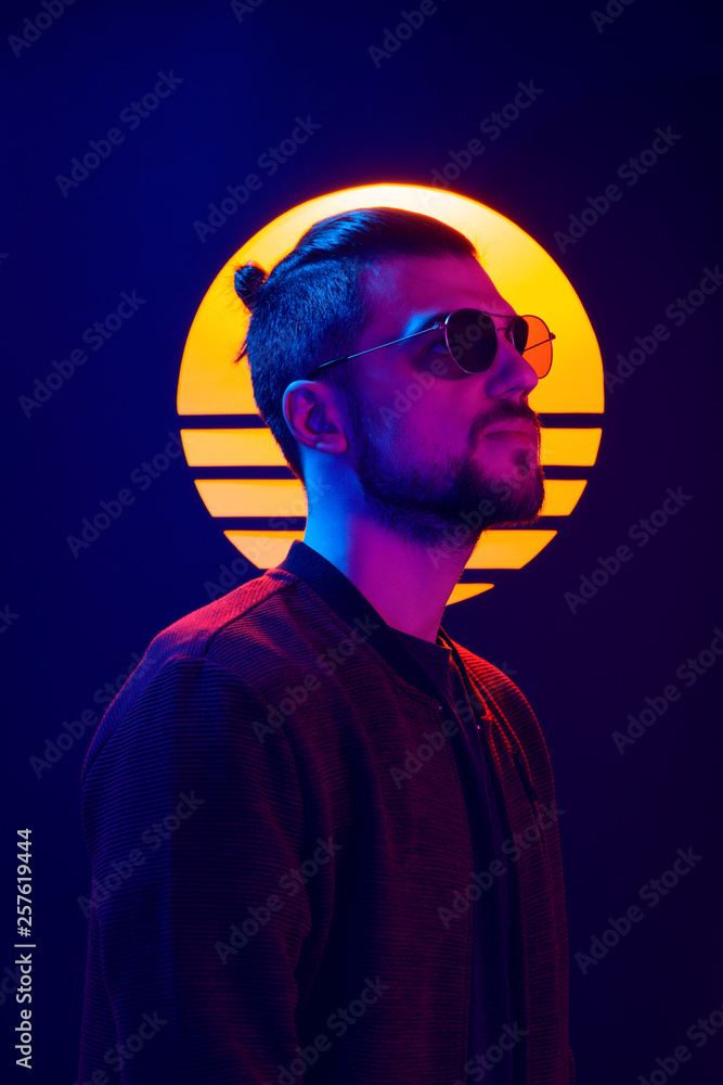 Retrowave synthwave portrait of a young man. 80s sci-fi futuristic ...