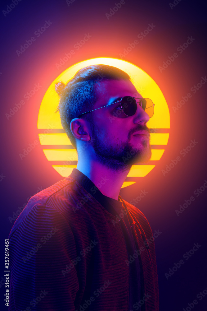 Retrowave synthwave portrait of a young man vaporwave. 80s sci-fi ...