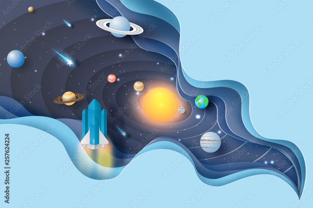 3D Paper art of Abstract curve wave with launch rocket Startup for ...