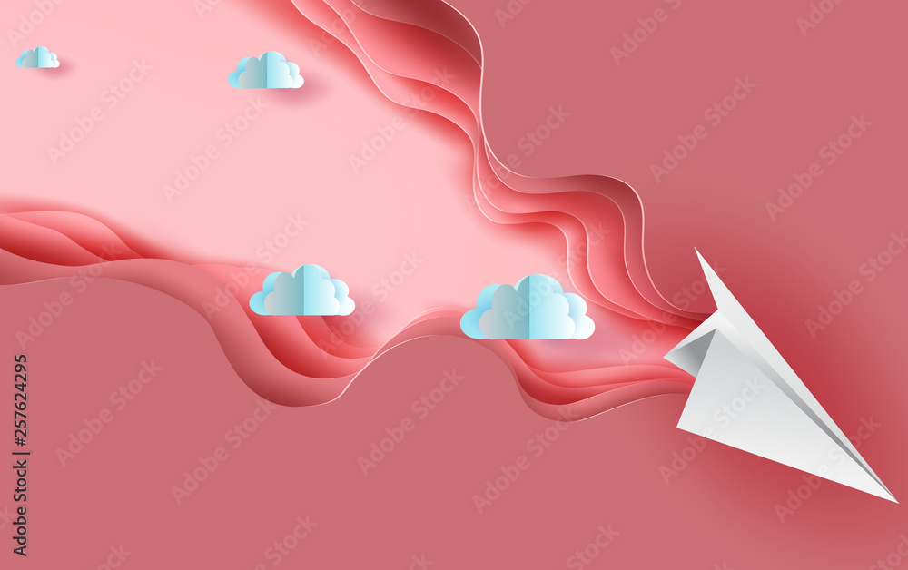 3d paper art of paper air plane on air cloudscape.Blue abstract paper ...