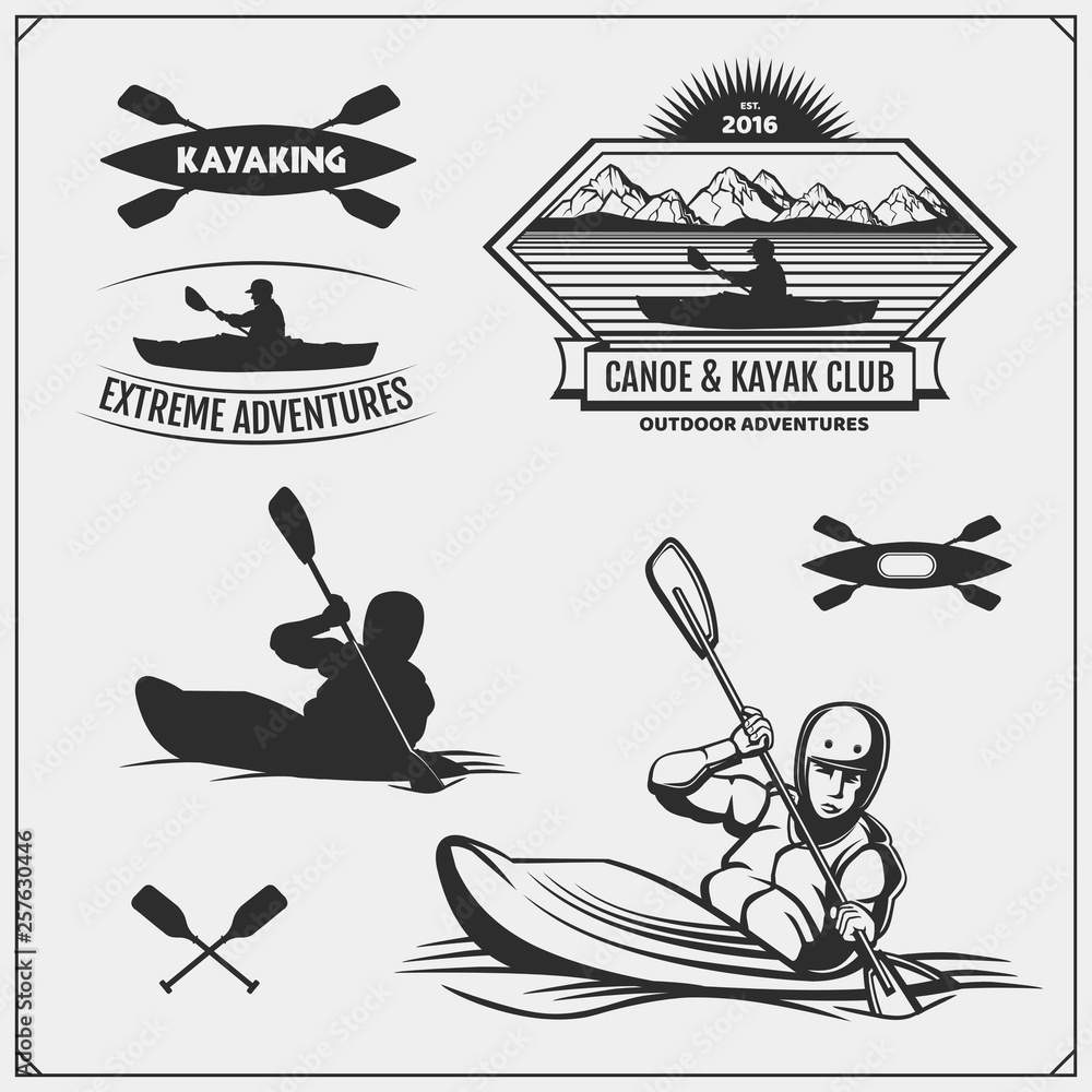Kayak and canoe emblems, labels, badges and design elements. Vector set ...