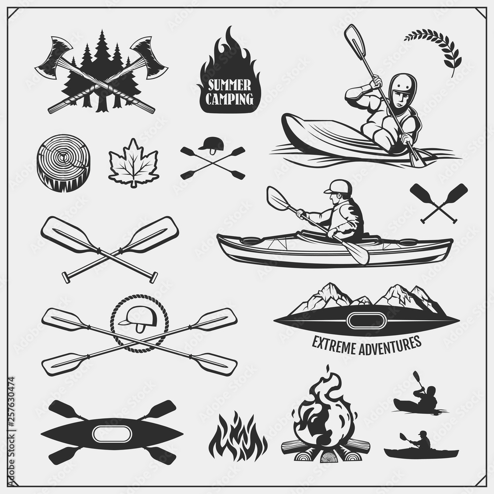Kayak and canoe emblems, labels, badges and design elements. Vector set ...
