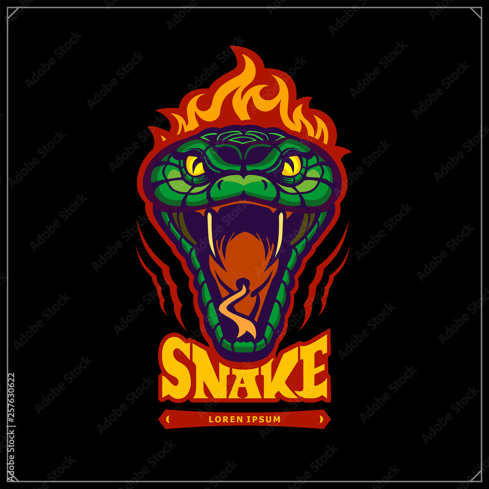 Green aggressive serpent with burning head. Snake emblem. Vector tattoo ...