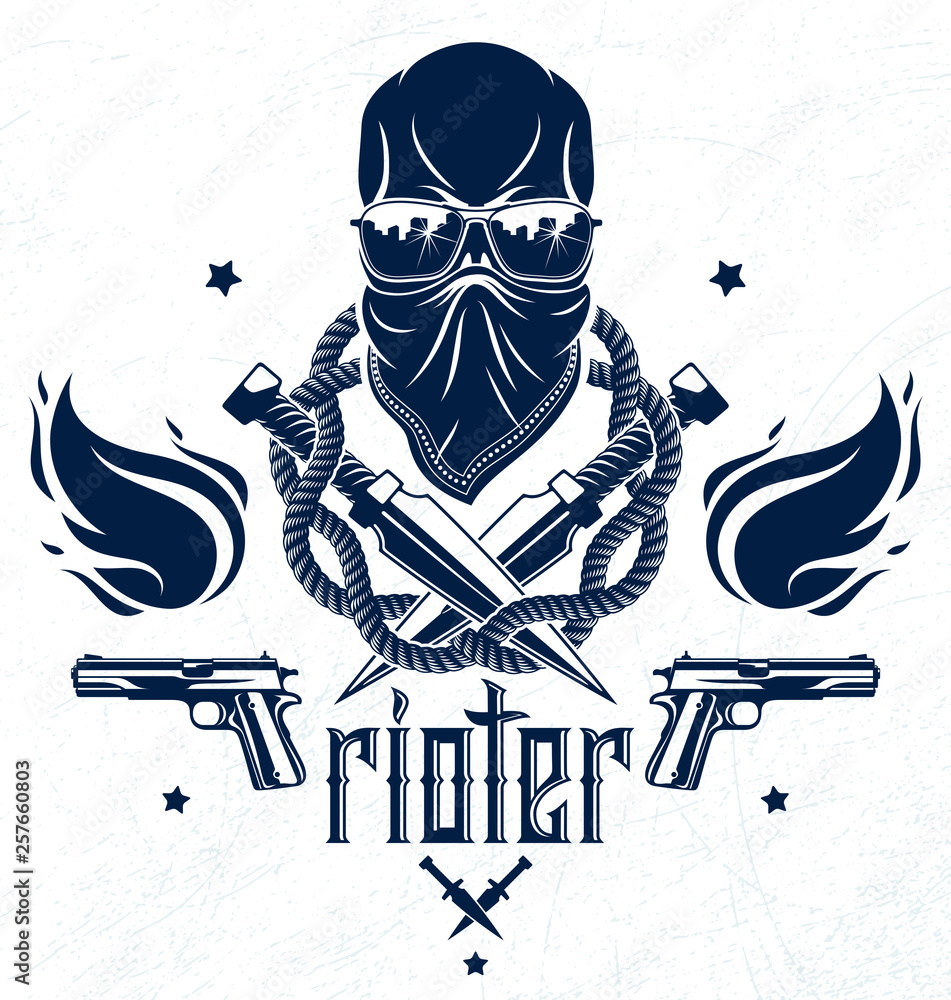 Anarchy and Chaos aggressive emblem or logo with wicked skull, weapons ...