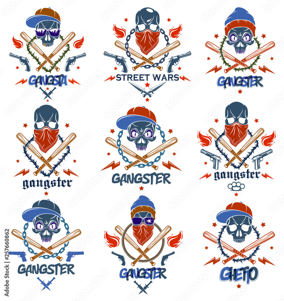Gangster emblem logo or tattoo with aggressive skull baseball bats and ...