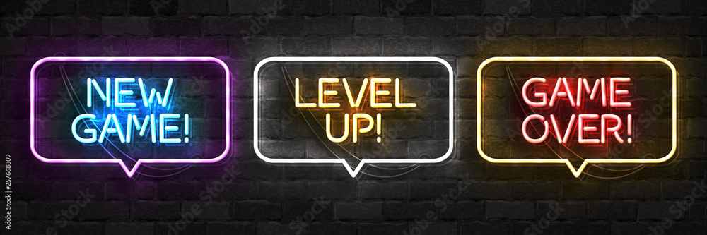 Vector realistic isolated neon sign of New Game, Level Up and Game Over ...
