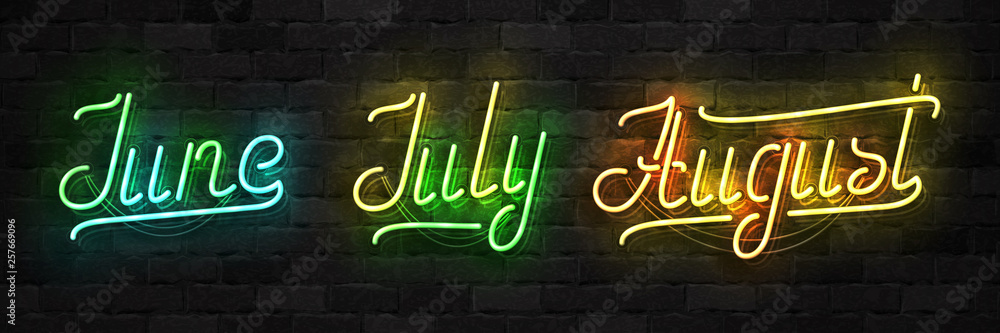 Vector set of realistic isolated neon sign of June, July and August ...