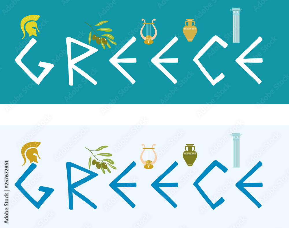 Vector set of flat style banners with the word Greece and Greek symbols ...