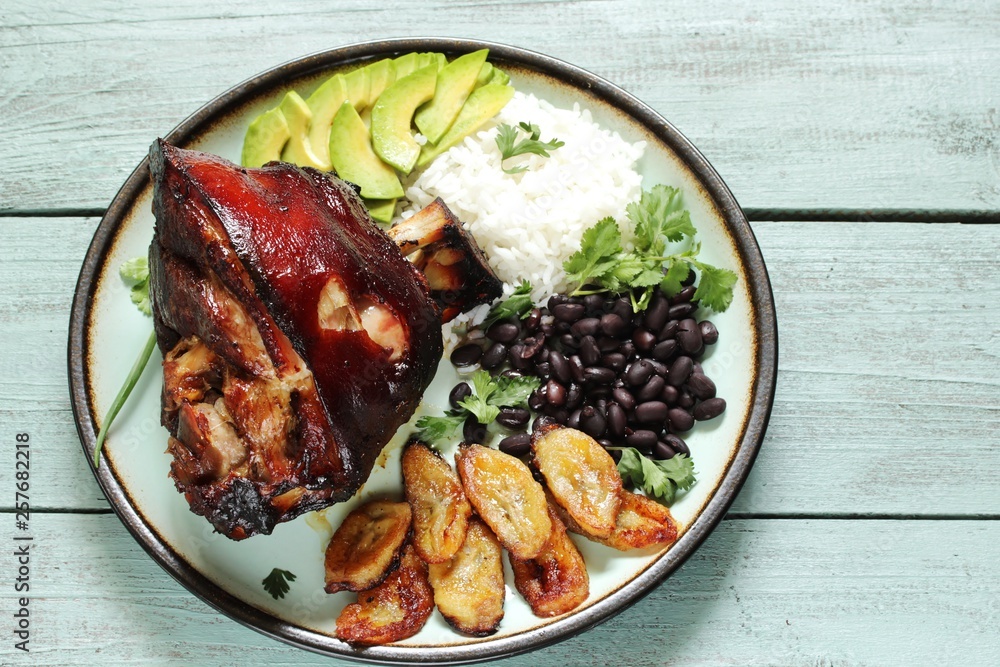 buddha bowl in latin american style. Colombian traditional food. pork ...