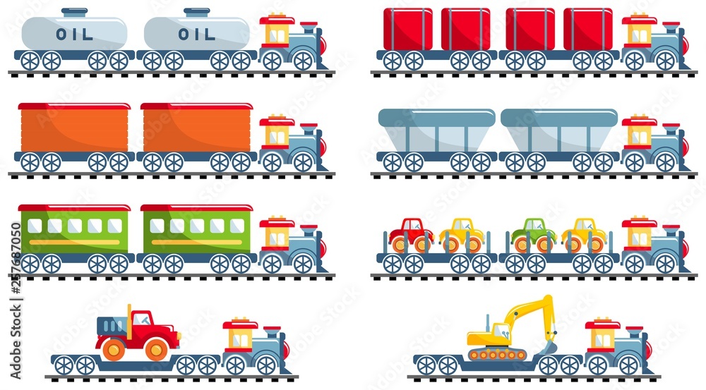 Railroad concept. Set of different railway toys in flat cartoon style ...