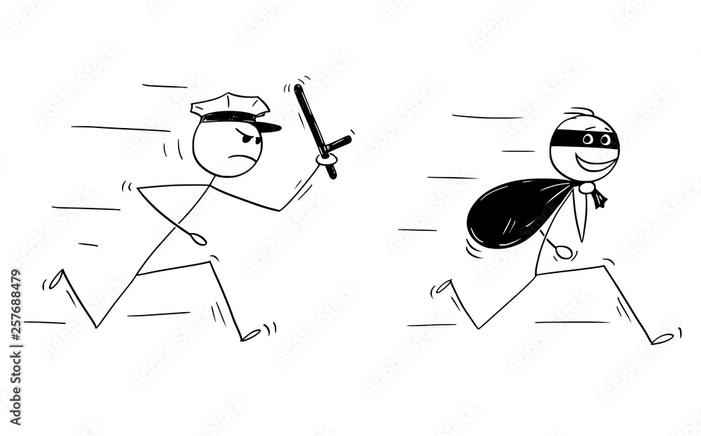 Cartoon stick figure drawing conceptual illustration of smiling thief ...
