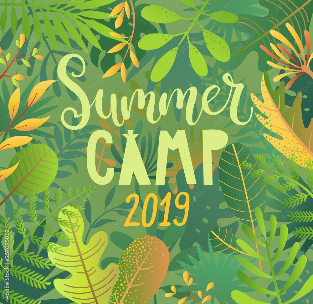Summer camp 2019 lettering on jungle background with tropical leaves ...