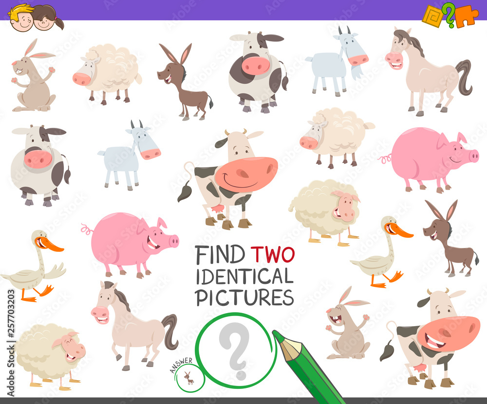 find two identical farm animals task for kids Stock Vector | Adobe Stock