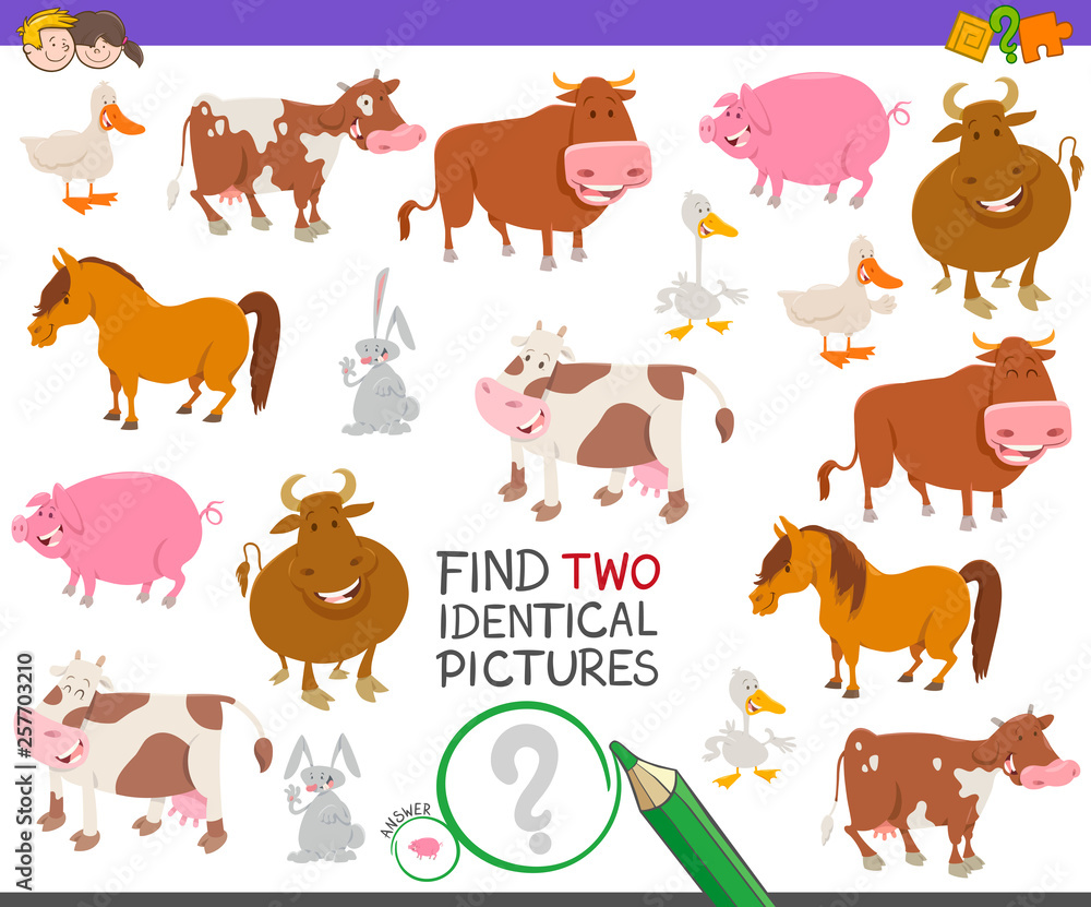 find two identical farm animals educational game Stock Vector | Adobe Stock