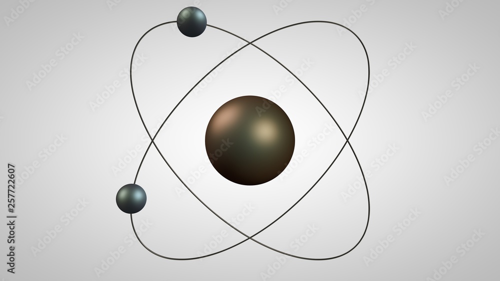 3D illustration of an atom model with a nucleus and two electrons ...