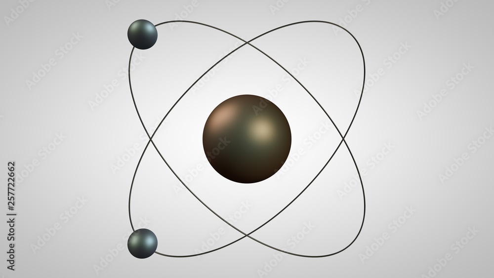 3D illustration of an atom model with a nucleus and two electrons ...