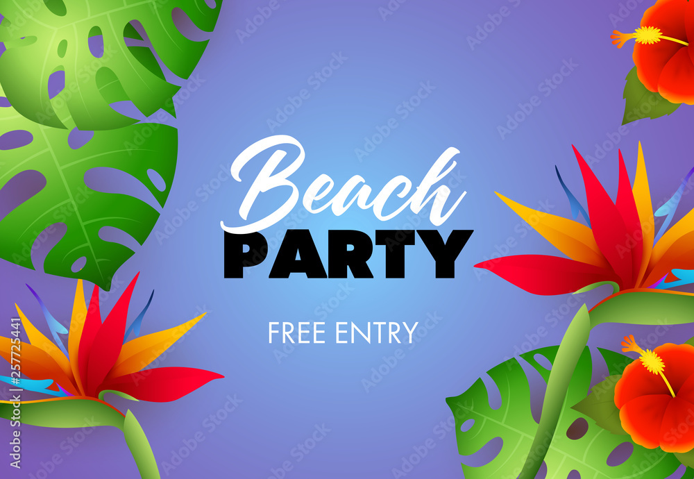 Beach party, free entry lettering with tropical plants. Tourism, summer ...