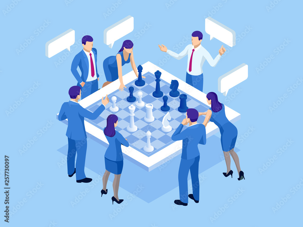 Business strategy concept. Isometric businessmen and women playing ...