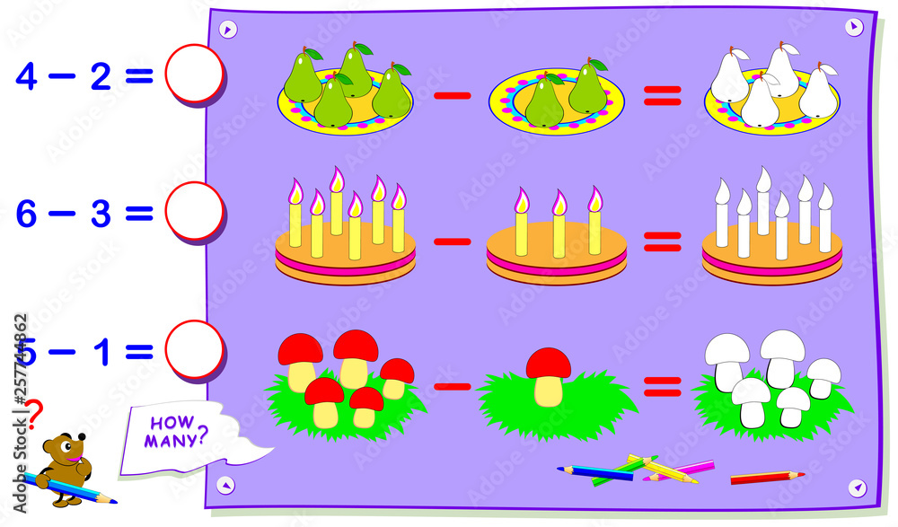 Printable educational page for kids on subtraction. Count the quantity ...