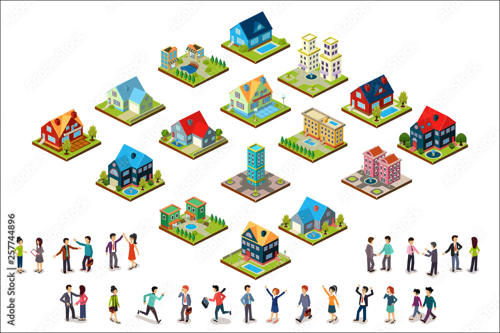 Vector set of urban isometric houses and groups of people. Residential ...