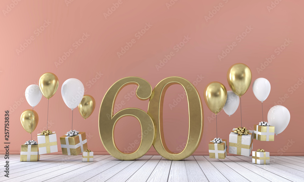 Number 60 birthday party composition with balloons and gift boxes. 3D ...