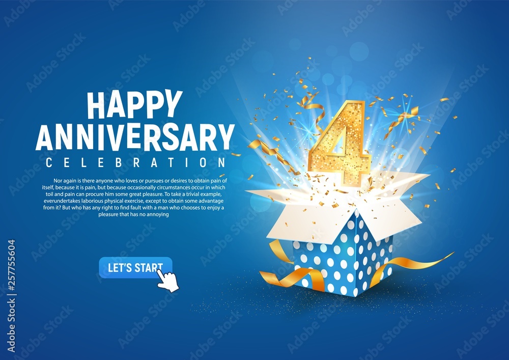 4 th year anniversary banner with open burst gift box. Template fourth ...