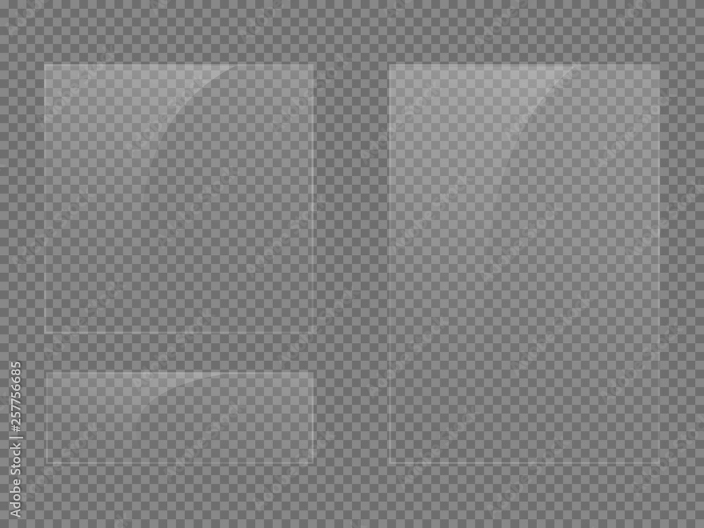 Set of transparent shiny glass plates. Clear glass showcase on a ...