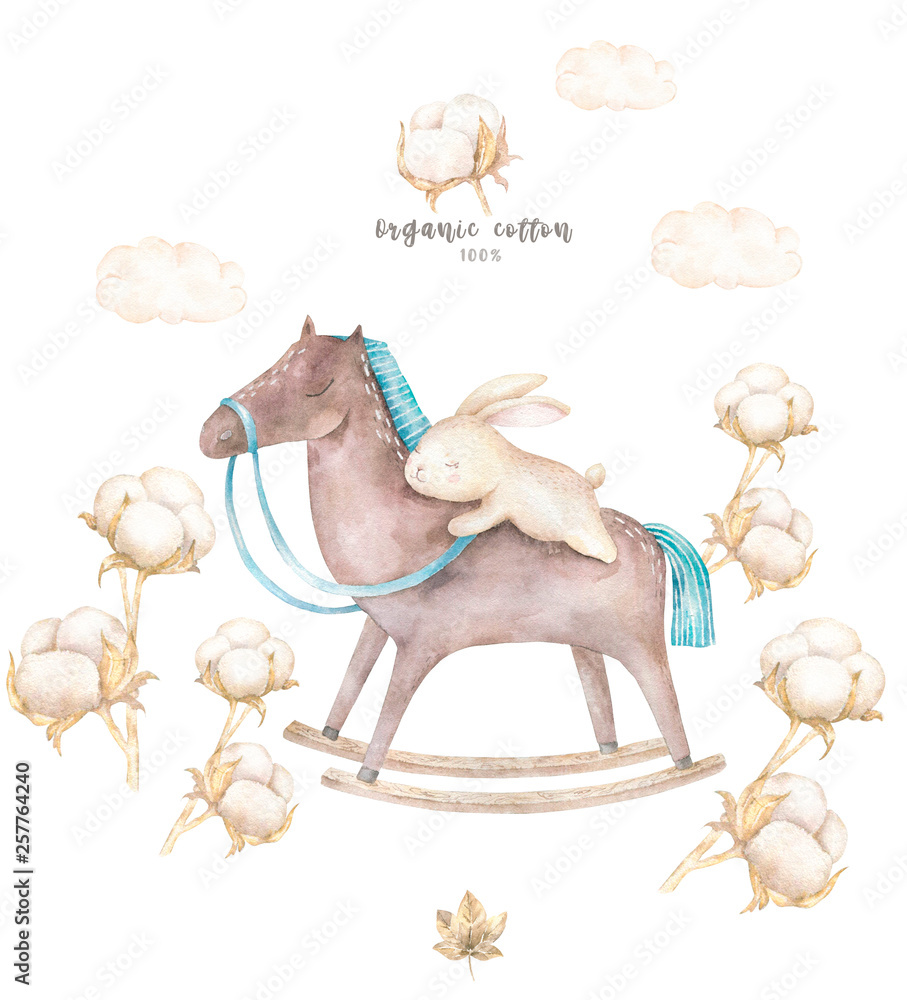 Watercolor isolated cute watercolor Bunny on horse toy and cotton ...