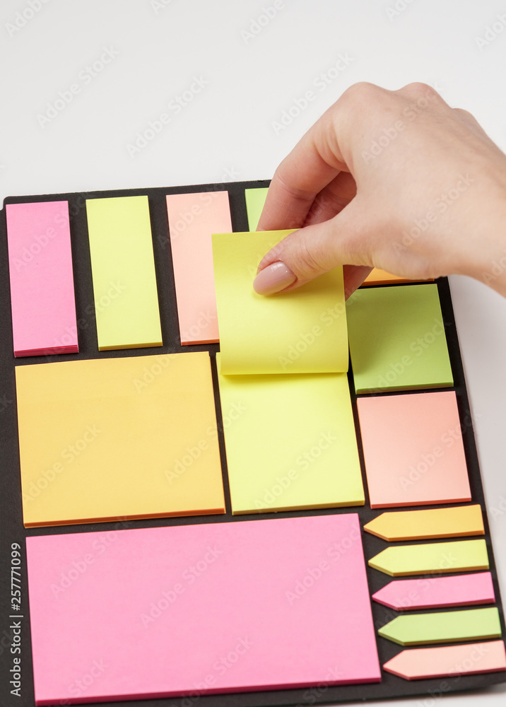 Blank note paper set of different colours forms and sizes. Sticky notes ...