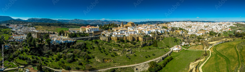 Ronda Spain aerial view of medieval hilltop town surrounded by walls ...