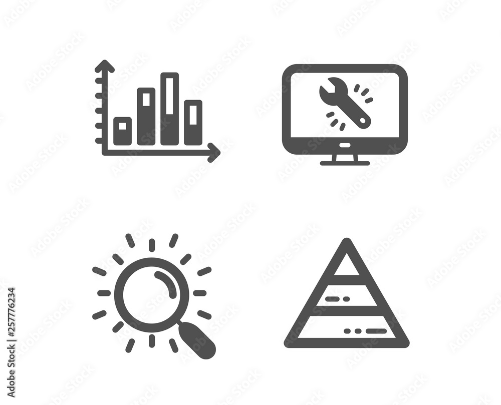 Set of Monitor repair, Diagram graph and Search icons. Pyramid chart ...