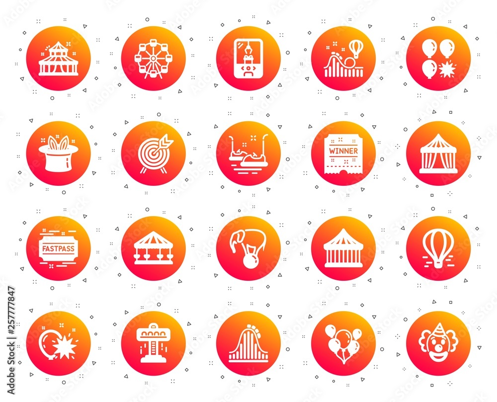 Amusement park icons. Set of Carousel, Roller coaster and Circus icons ...