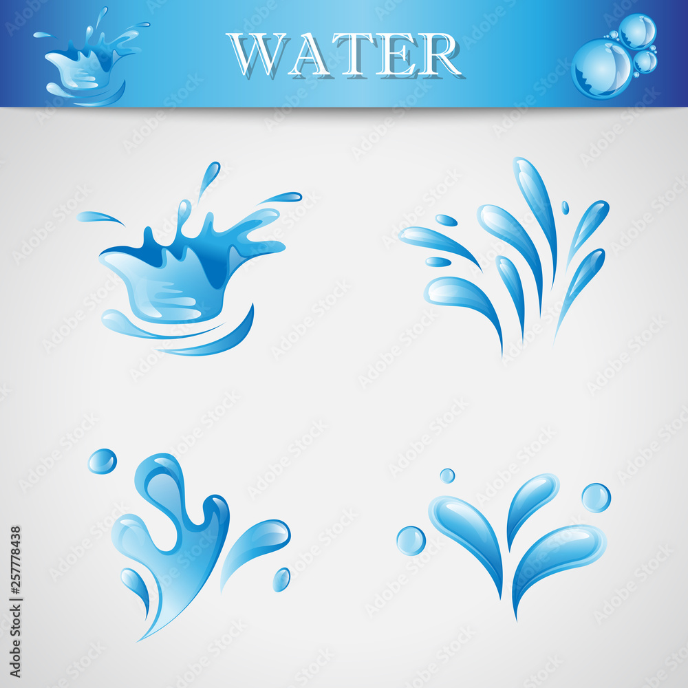 Water Splash And Drop Icons - Isolated On Gray Background. Vector ...