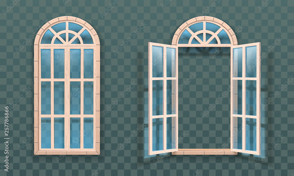 Open and closed windows isolated. Woodens frames and glass. Vector ...