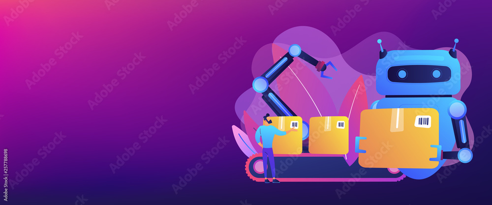 Robot substituting human working with boxes on conveyor. Labor ...