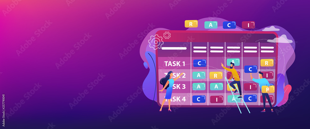 Tiny business people at responsibility chart with tasks. RACI matrix ...