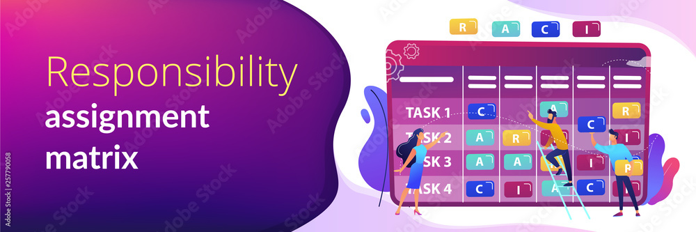 Tiny business people at responsibility chart with tasks. RACI matrix ...