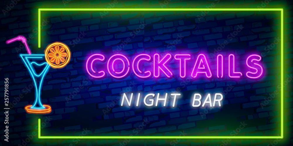 Cocktail neon sign vector design template. Night Club neon frame light ...