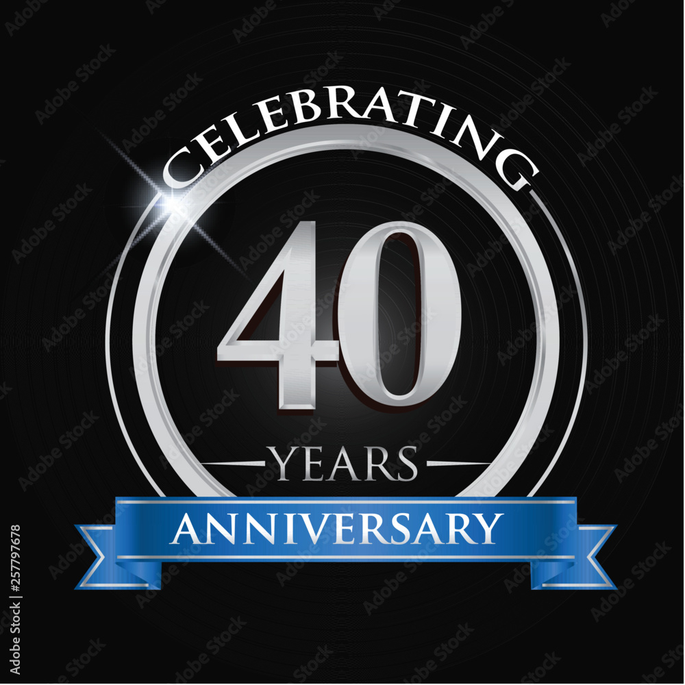 Celebrating 40 years anniversary logo. with silver ring and blue ribbon ...