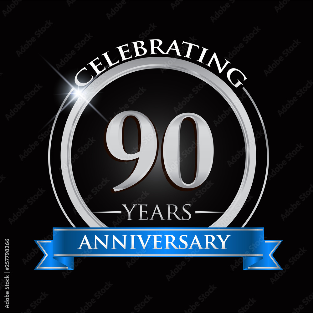 Celebrating 90 years anniversary logo. with silver ring and blue ribbon ...