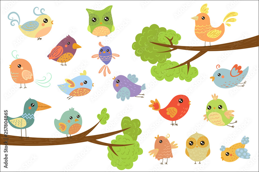 Cute bird characters set, cute colorful cartoon birds flying, singing ...
