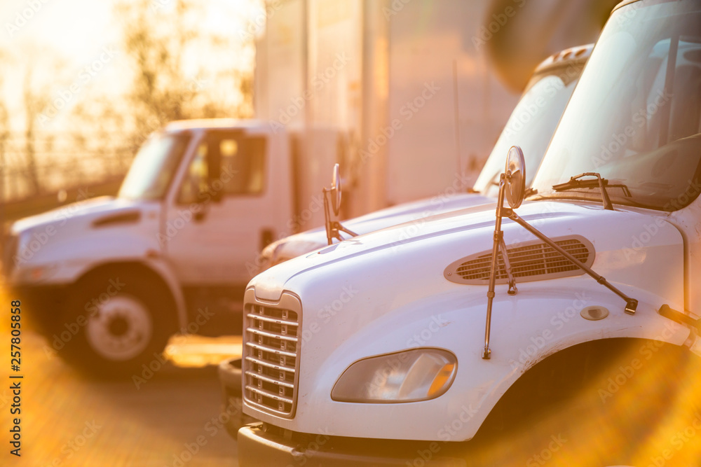 Middle rig semi Trucks standing at the gates of the warehouse for ...