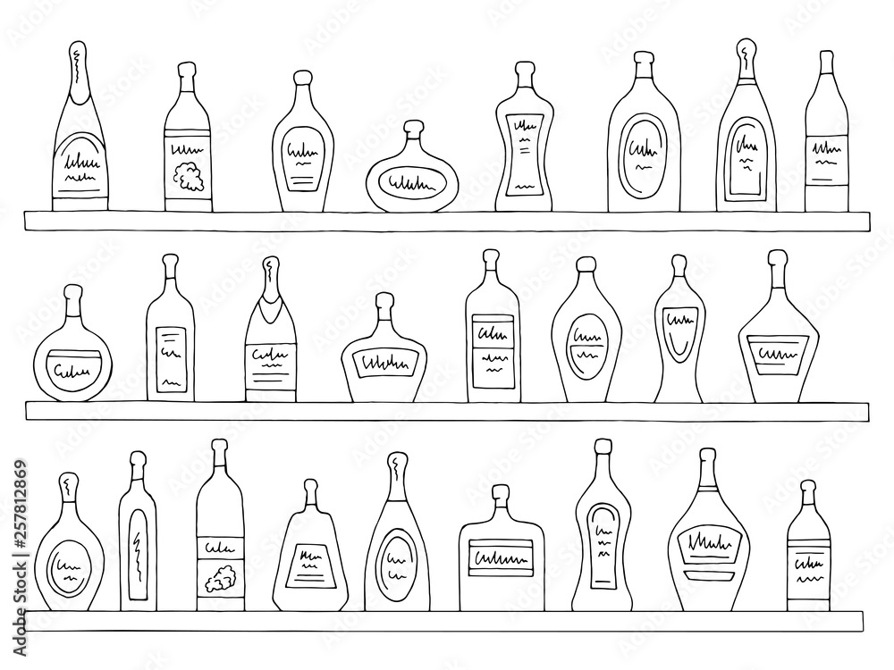 Shelves set graphic black white isolated bottles bar sketch ...