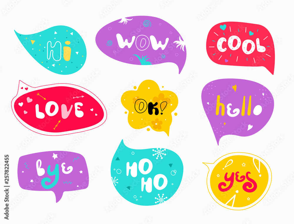 Words in speech bubbles. Stylized slogan. Motivation quotes and phrases ...