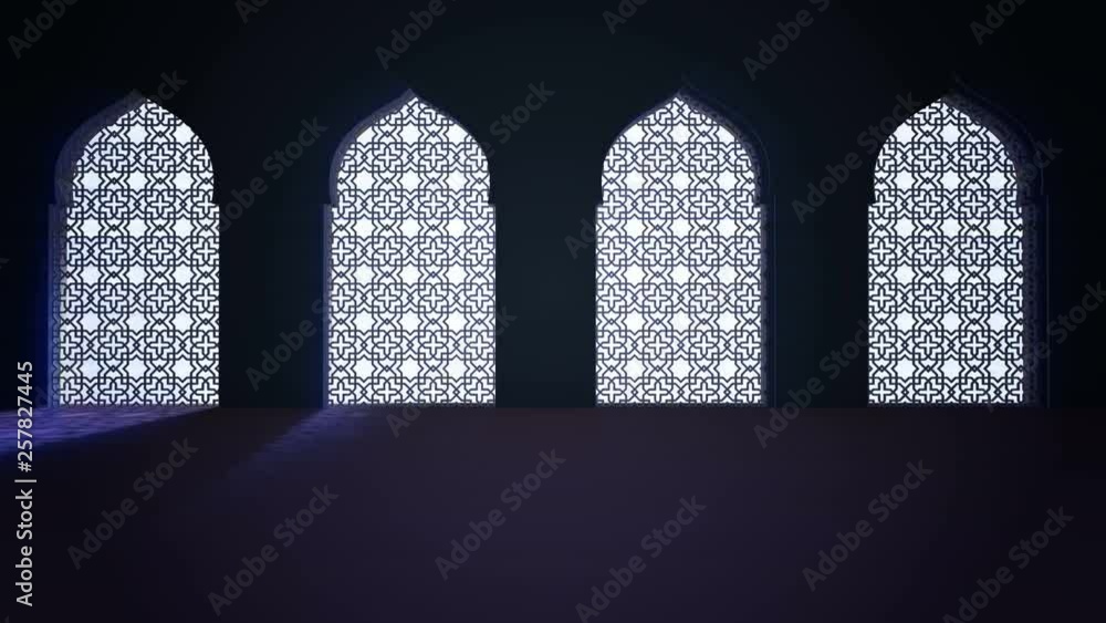 Islamic interior mosque window or door with beam of ray light coming ...