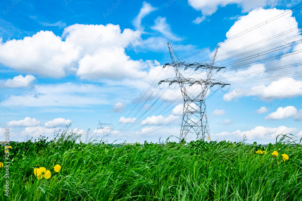 Energy infrastructure. High voltage power line. Green energy concept ...