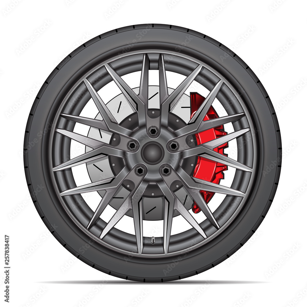Realistic wheel alloy with tire radial and break disk for sport racing ...