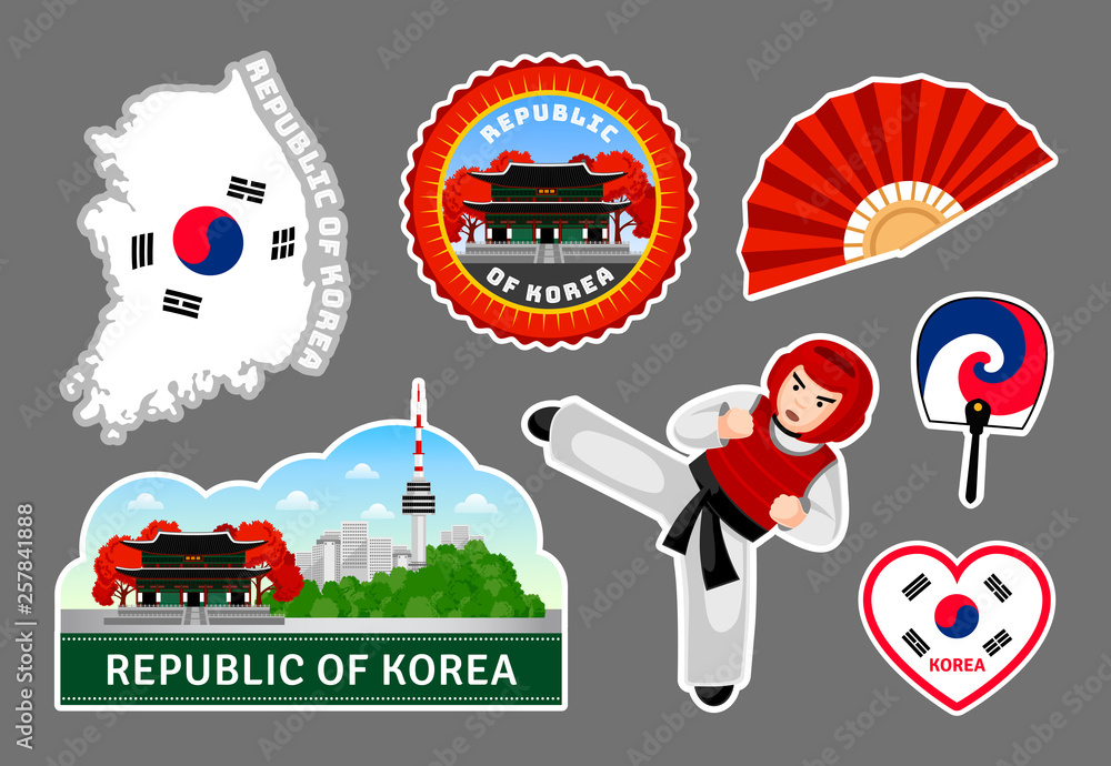 Set of korean travel stickers. Map, seoul cityscape, fan and taekwondo ...