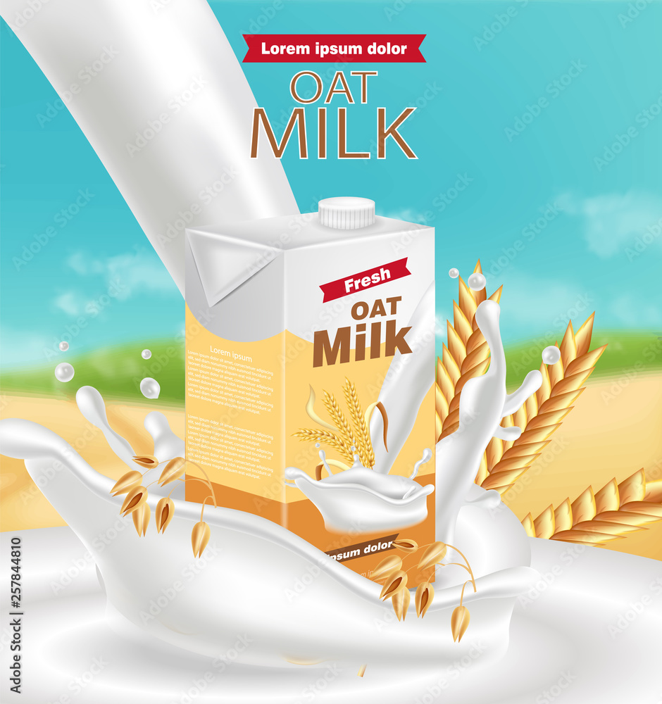 Oat milk package Vector realistic with splash. Product placement mock ...